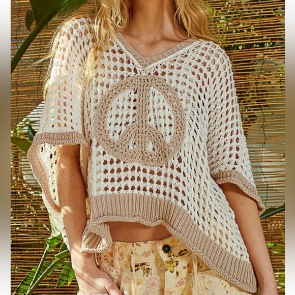 Tops | 283 Natural Crochet Peace Sign Sweater | Poshmark
